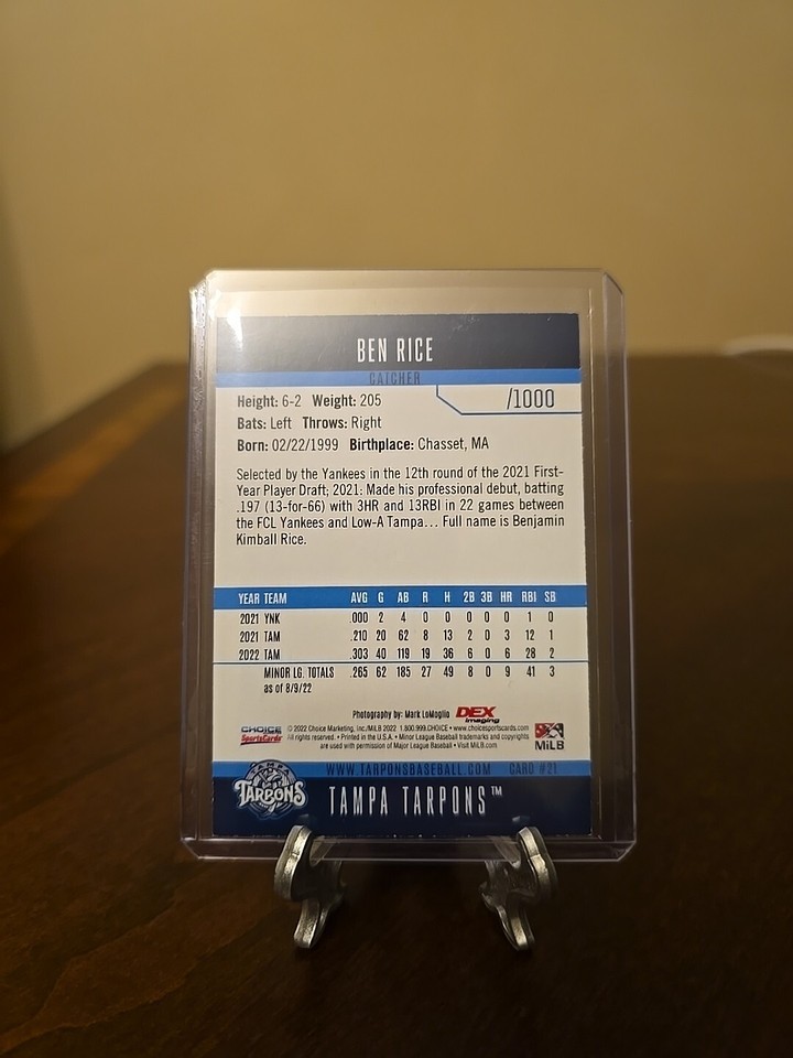 2022 Ben Rice Minor League Rookie Card Tampa Tarpons NY Yankees 1/1000 ...