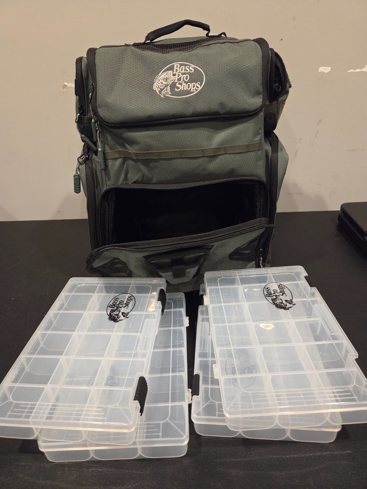 Bass Pro Shops Advanced Angler Backpack + 4 Tackle Boxes Fishing EUC | eBay