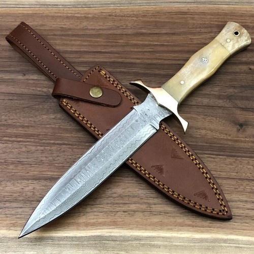 15" CUSTOM HANDMADE FORGED DAMASCUS STEEL HUNTING DAGGER BONE HANDLE ...