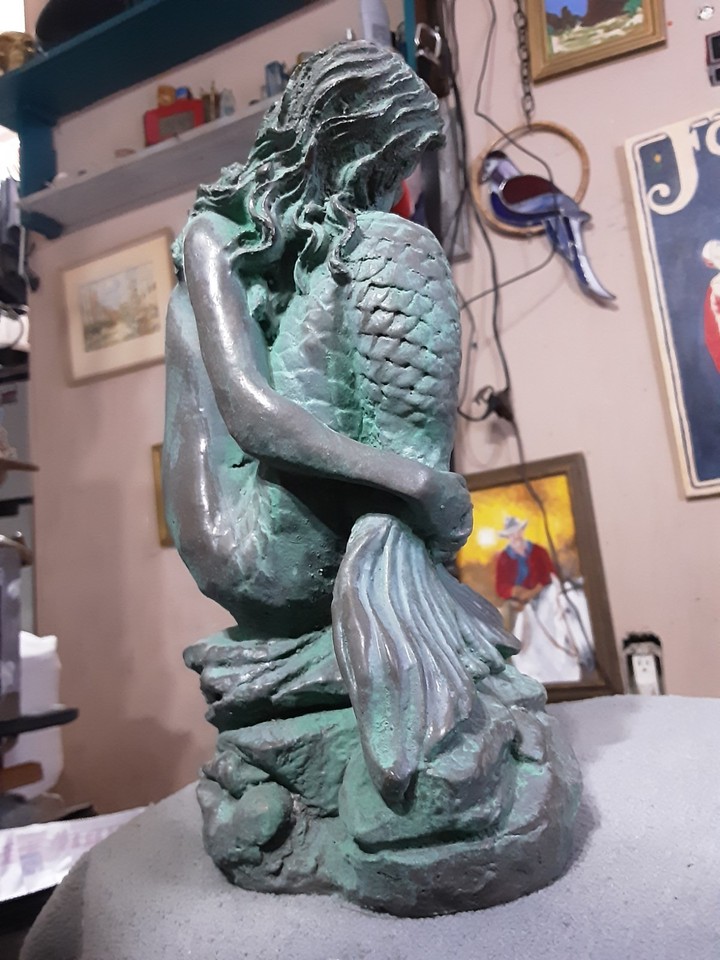 INCREDIBLE VINTAGE CEMENT SEATED MERMAID ART SCULPTURE BRONZE TONE W/VERDIGRIS | eBay