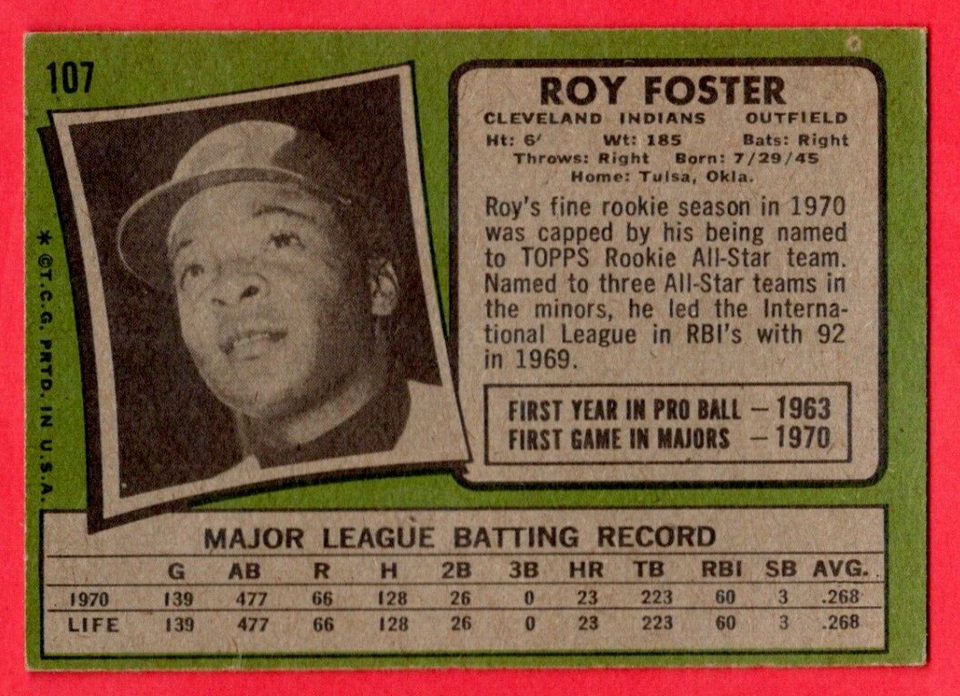 1971 Topps #107 Roy Foster VG RC Rookie Indians | eBay