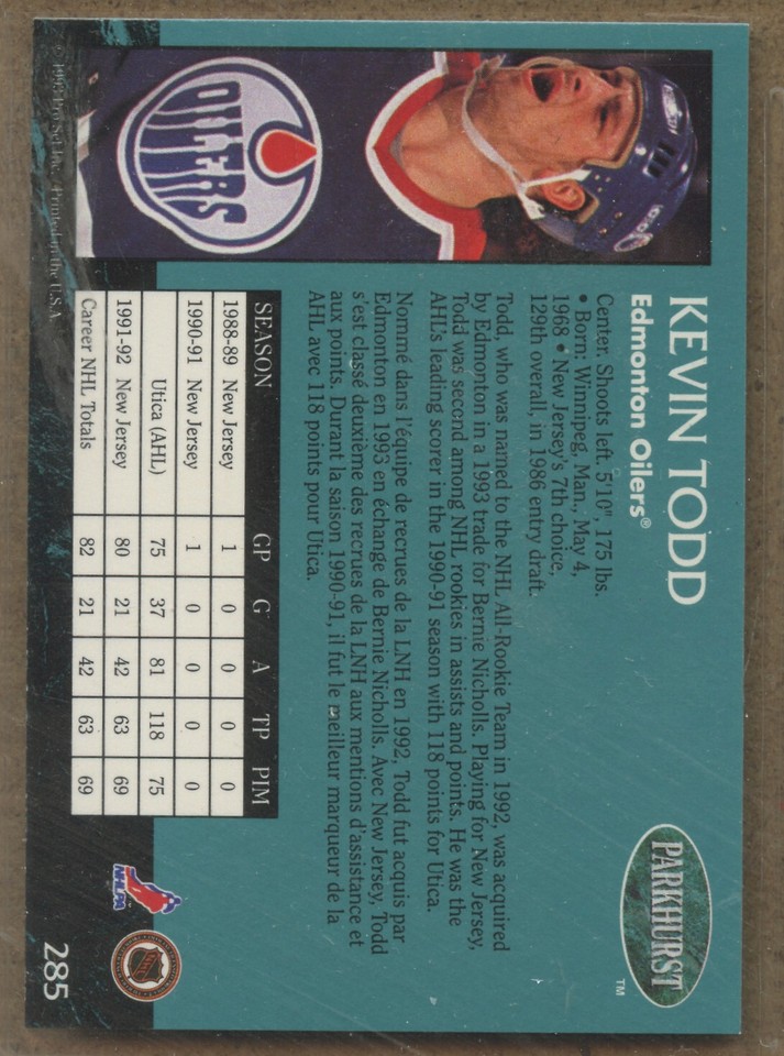 1992-93 Parkhurst #285 Kevin Todd Edmonton Oilers | eBay