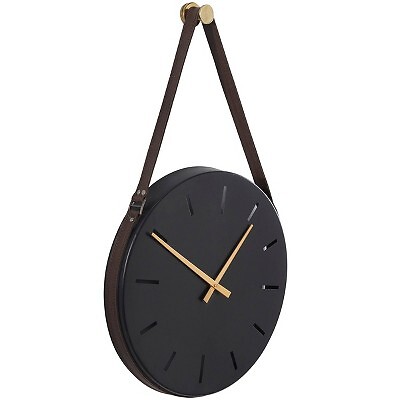 27"x16" Stainless Steel Wall Clock with Leather Hanging Straps Black ...