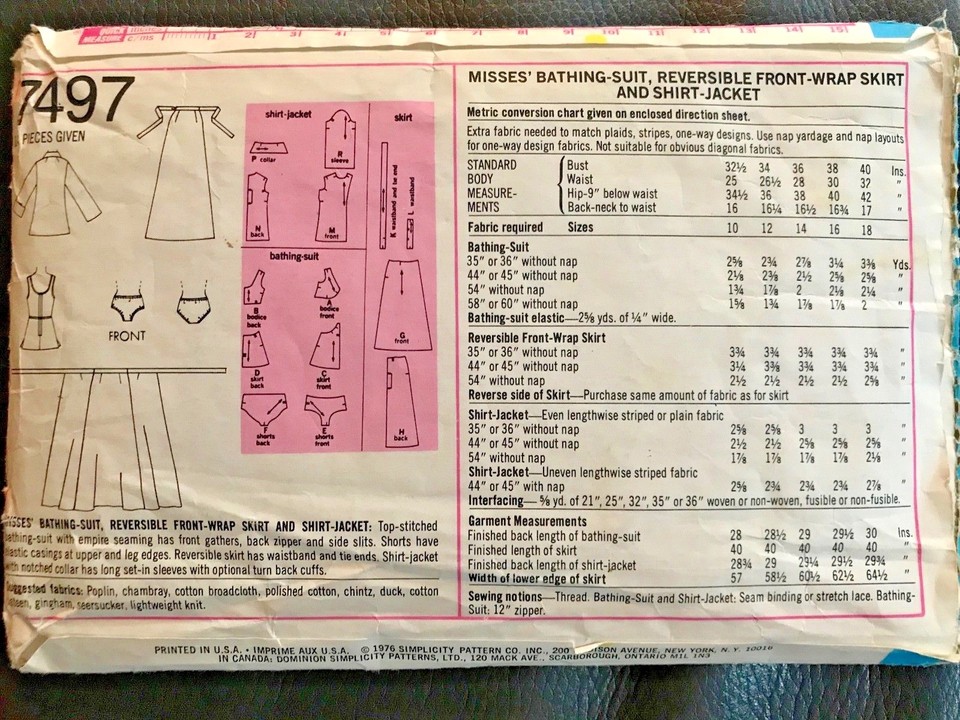 Simplicity VINTAGE 1976 SWIMSUIT & COVERUP Pattern-7497~sz 12~B 34"~Cut ...