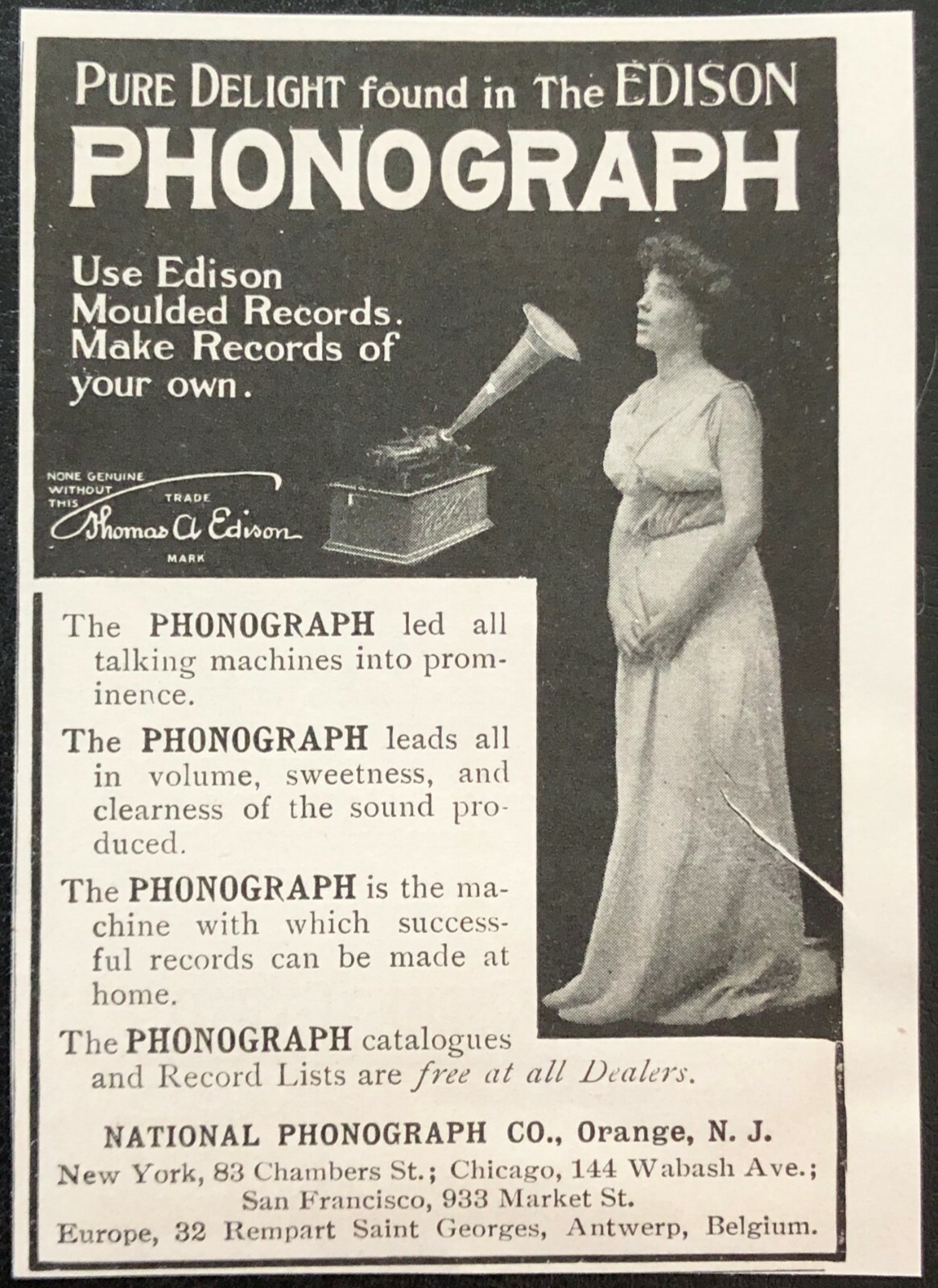 1903 Pure Delight Found in The EDISON PHONOGRAPH Vtg Print Ad~Pretty ...