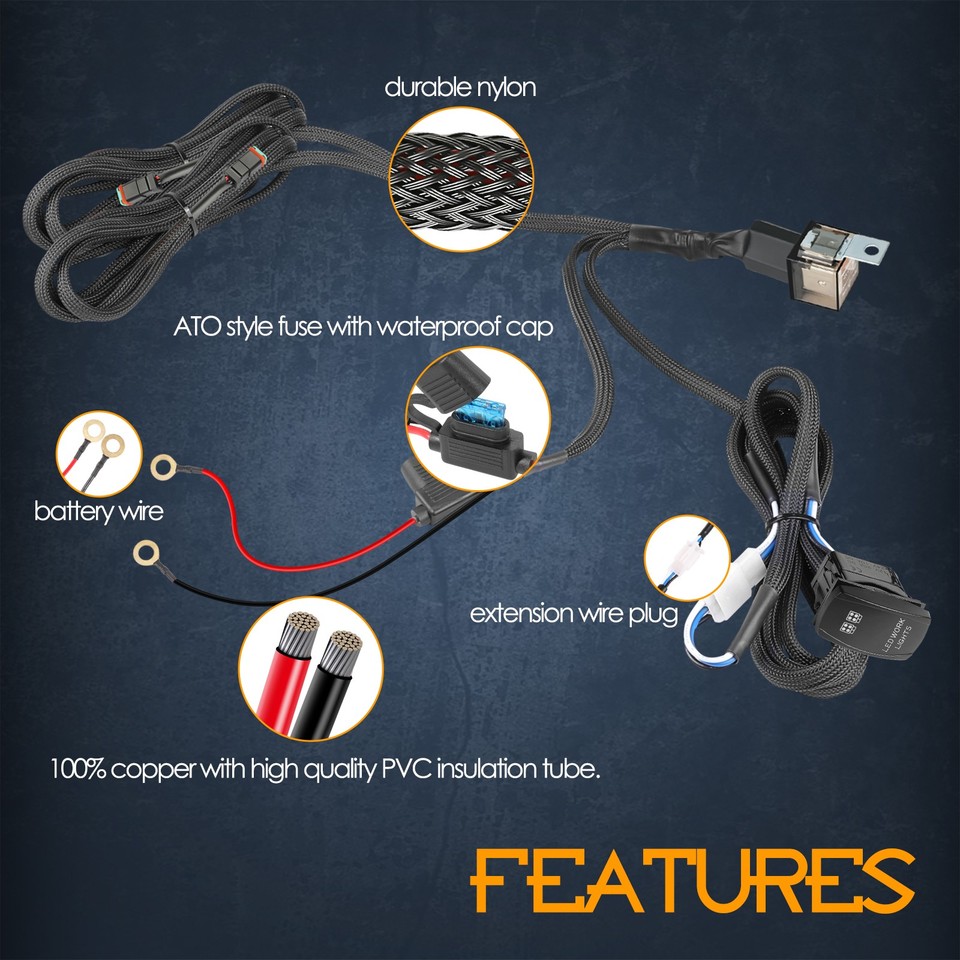 2-Lead Wiring Harness Kit DT Connector Rocker Switch Relay LED Work ...