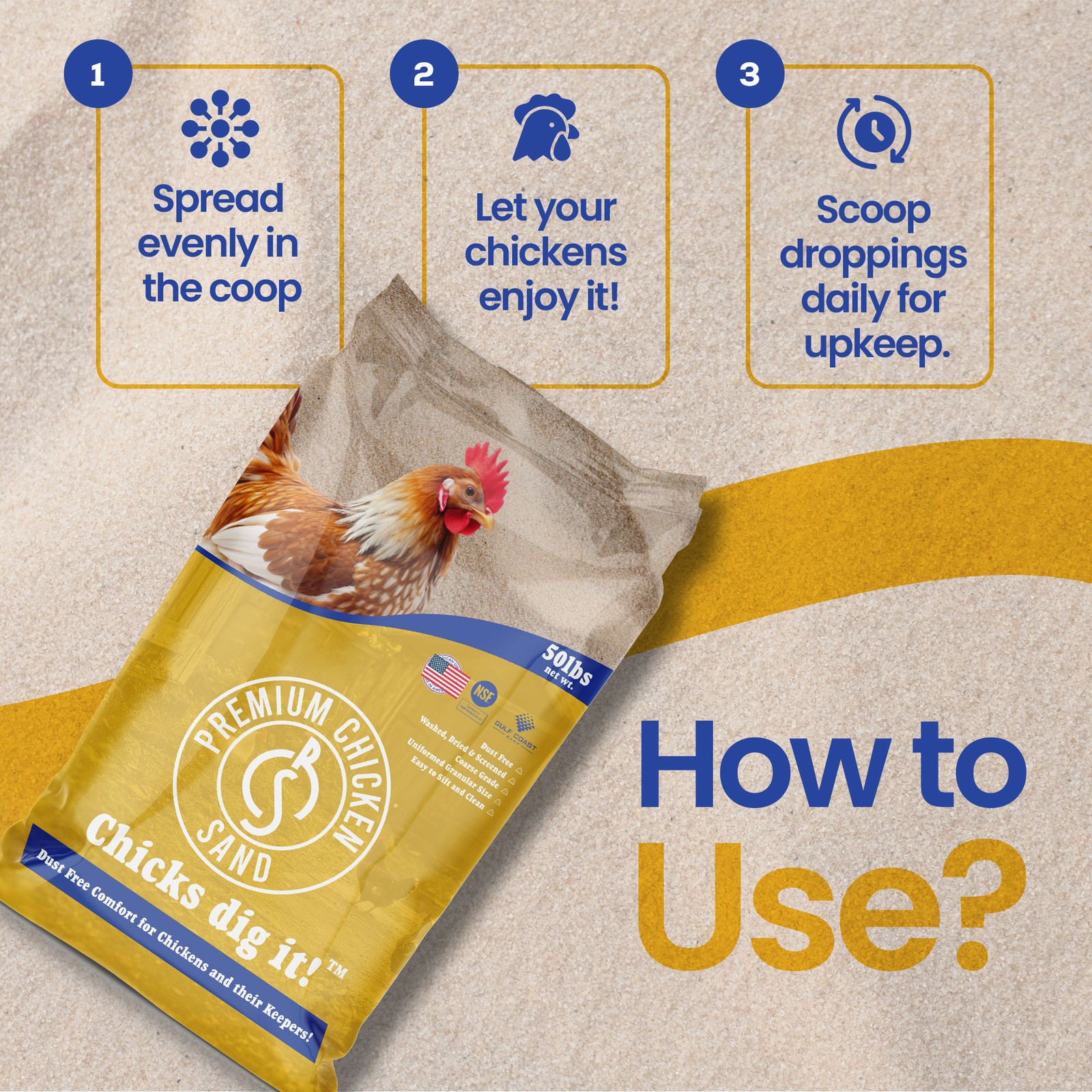 Premium Chicken Sand, Odor Eliminating Bedding for Coops, 50 Lb Bag, 4 ...