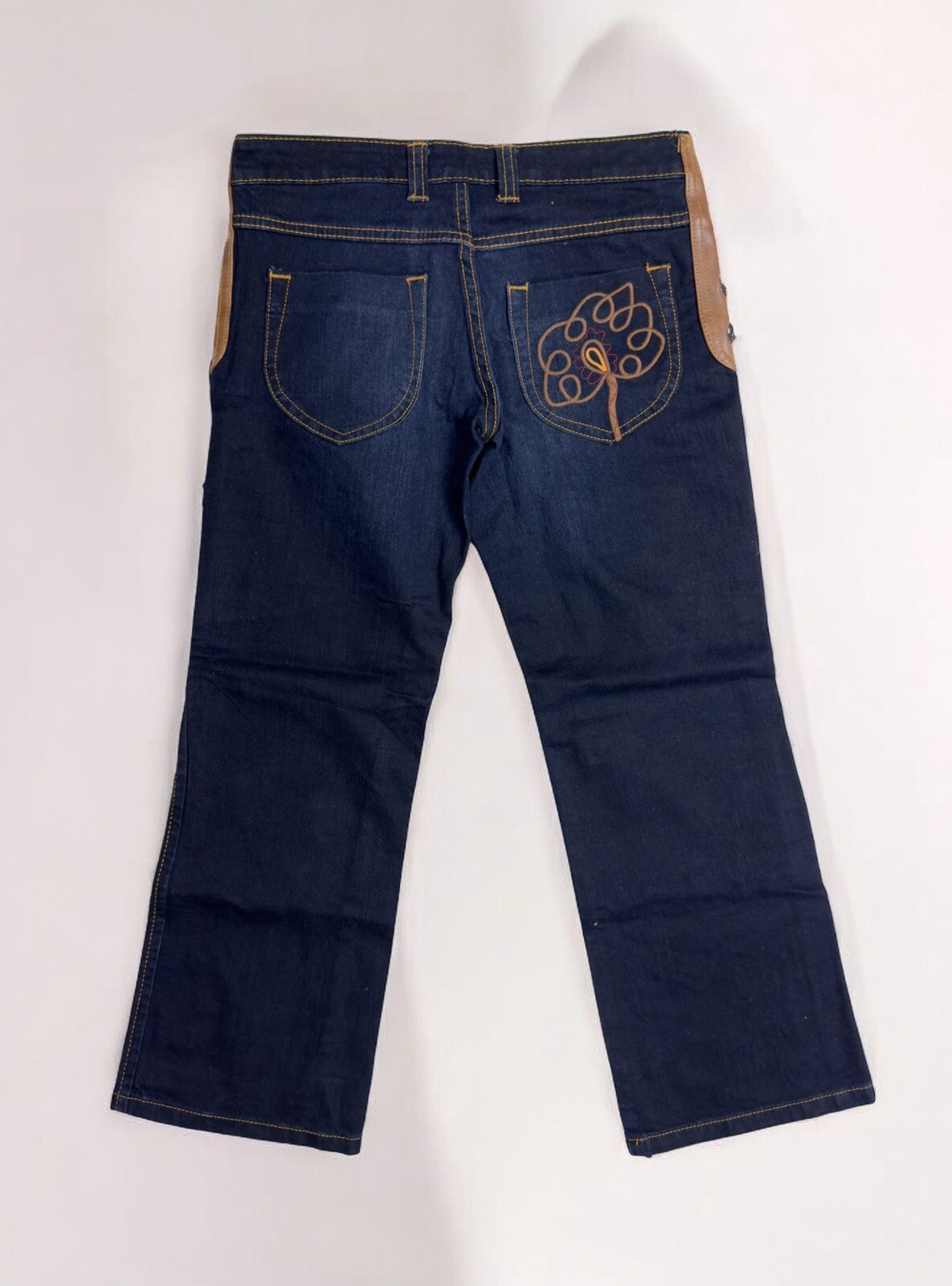 Blue Denim Lace Up Crop Jeans Capris Boho Floral Western Cowgirl Hippie ...