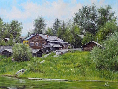 ORIGINAL SUMMER VILLAGE RIVER LANDSCAPE OIL PAINTING TALENTED ALEXANDER ...