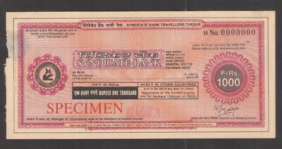 India Travellers Cheque SPECIMEN 1000 Rupees Syndicate Bank | eBay