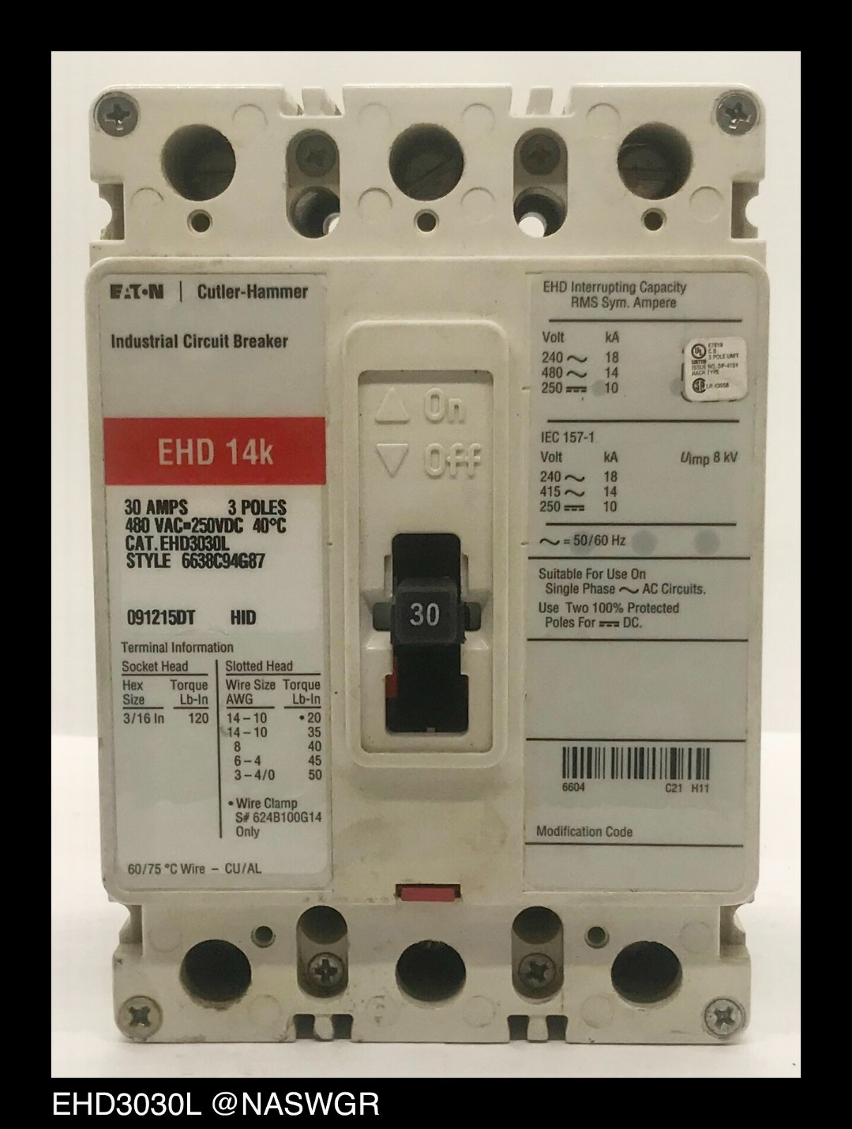 Eaton EHD3030L Molded Case Circuit Breaker ~ 30 Amp - Tested/1Yr ...