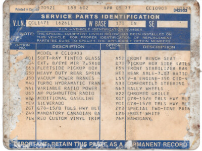 1977 Chevy Silverado Vintage RPO Code Sheet | eBay