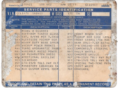 1977 Chevy Silverado Vintage RPO Code Sheet | eBay