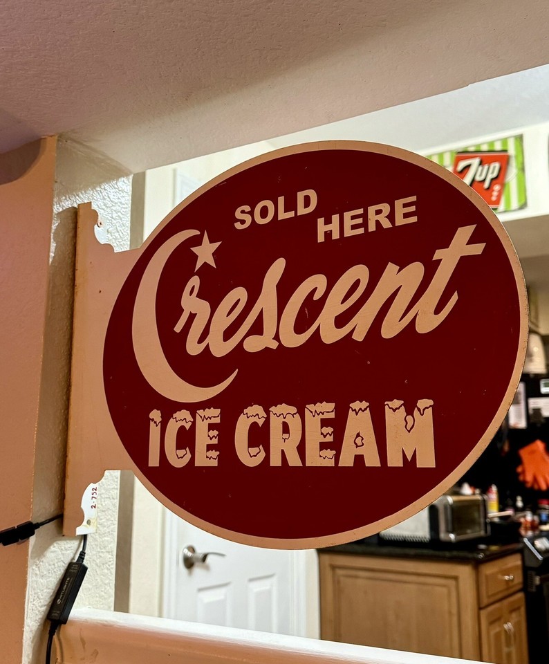 RARE 1950s ENJOY CRESCENT ICE CREAM DEALER 2-SIDED PAINTED METAL FLANGE ...