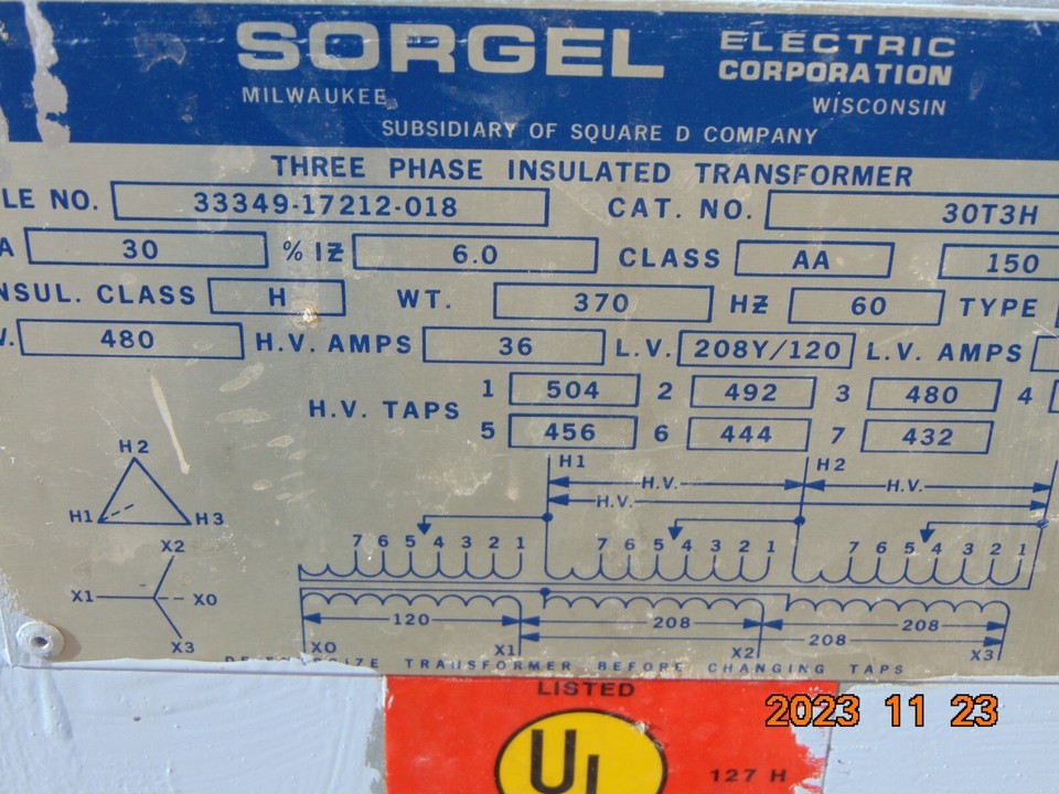 SORGEL SQUARE D 30T3H 30 kVA 3-PHASE INSULATED TRANSFORMER HV: 480 LV ...