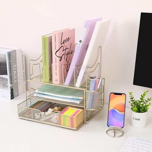 Desk File Organizer with Sliding Drawer 3-Tier Office Desktop Organizer ...