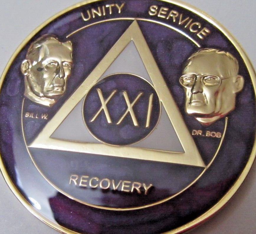 Alcoholics Anonymous Purple White gold 21 Year AA Medallion Sober Bill ...