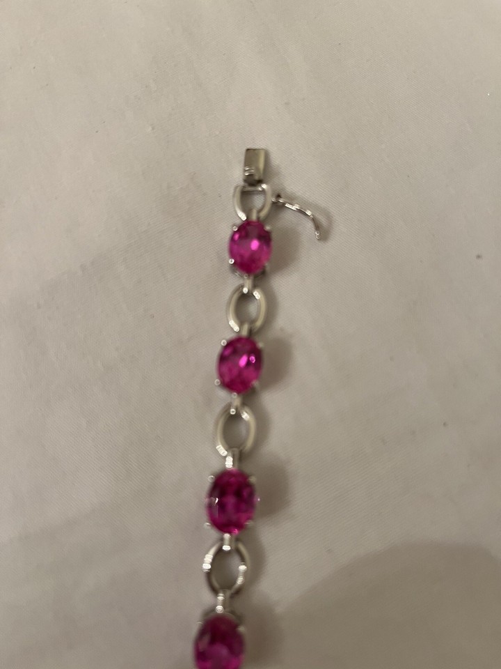 ️925 LINK BRACELET WITH DEEP PINK POSSIBLY CZ. OPEN BOX CATCH WITH SIDE ...