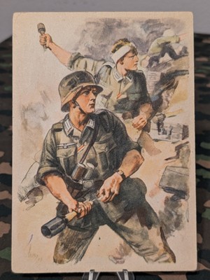 WW2 WWII German Postcard Wehrmacht Throwing Hand Grenade Potato Masher ...
