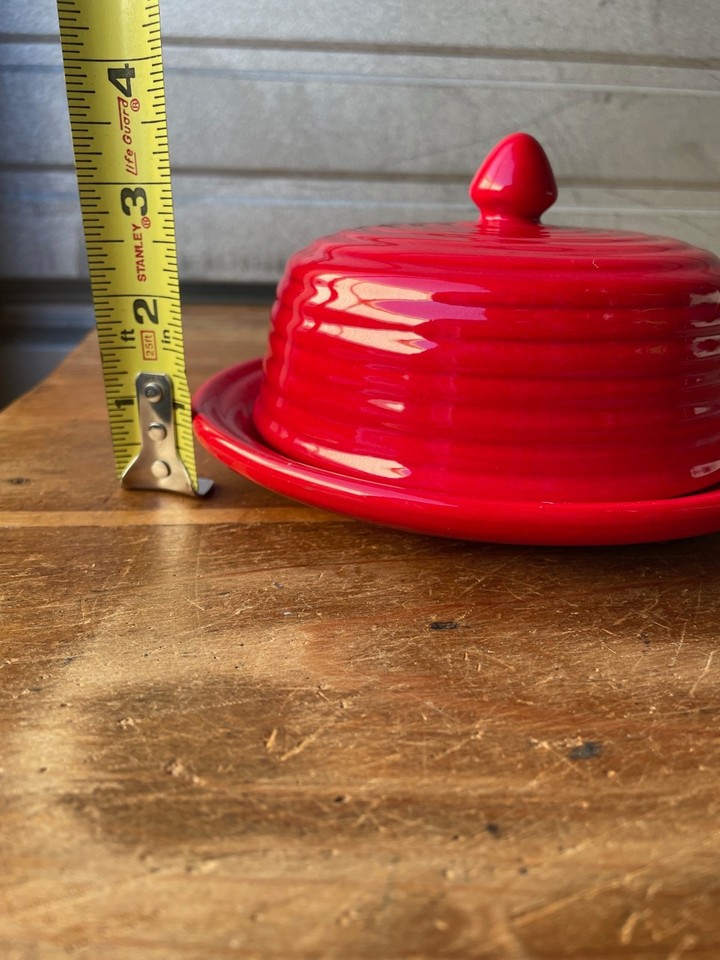 Vintage Bauer Pottery Ring Ware Bright Red Round Butter Dish w/ Lid Los ...