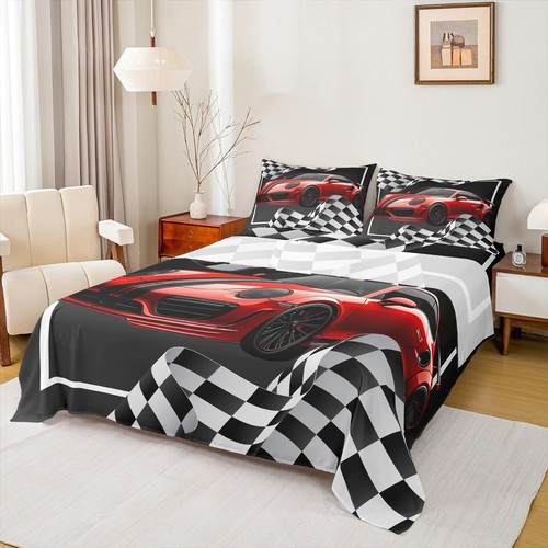 Red Race Car Sheet Set Twin Black and White Grid Bedding for Kids Teens ...
