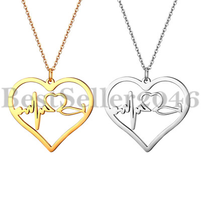 Stainless Steel Lifeline Pulse Heartbeat Charm Open Heart Pendant ...