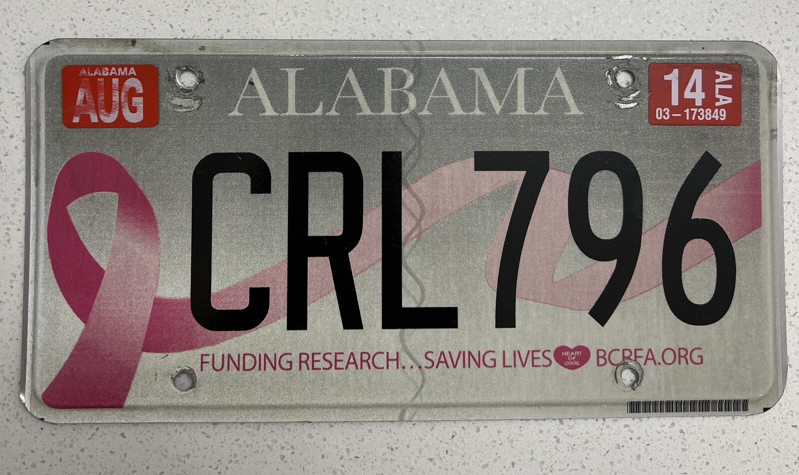 ALABAMA BREAST CANCER LICENSE PLATE TAG “CRL796” | eBay