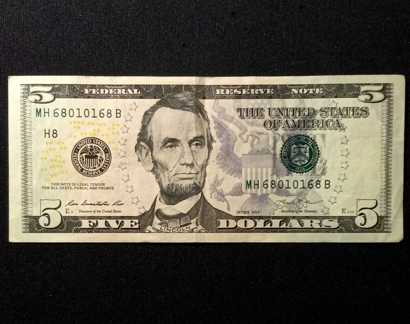 Super Repeater Fancy Quad serial number MH 68010168 B Five Dollar bill ...