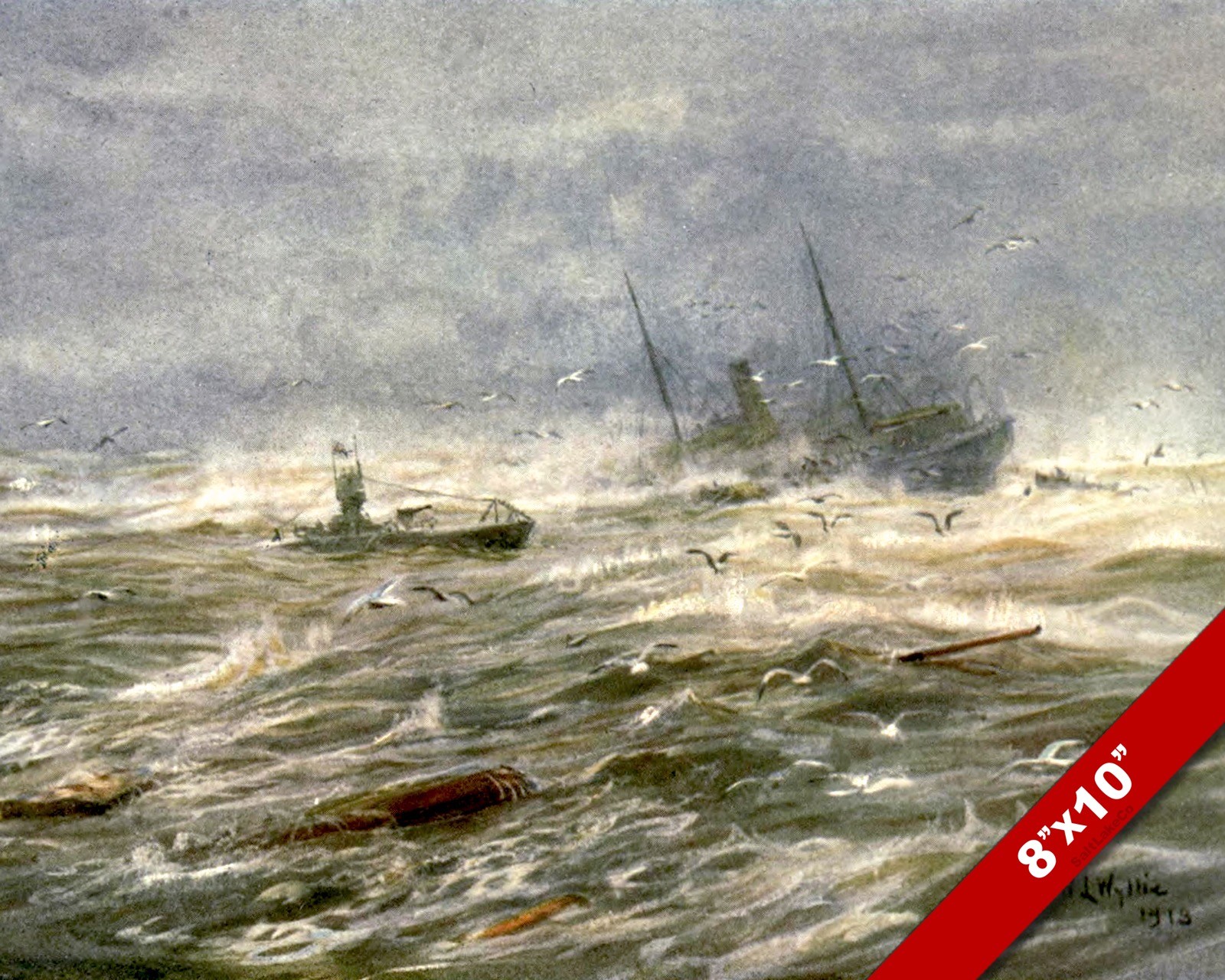 GERMAN U-BOAT & SINKING SHIP WWI WORLD WAR 1 MILITARY ART PAINTING ...