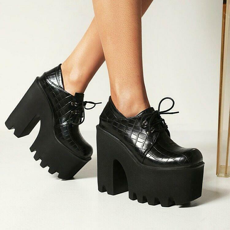 Women Punk Creeper Shoes Block Heels Lace Up Platforms Party Casual ...