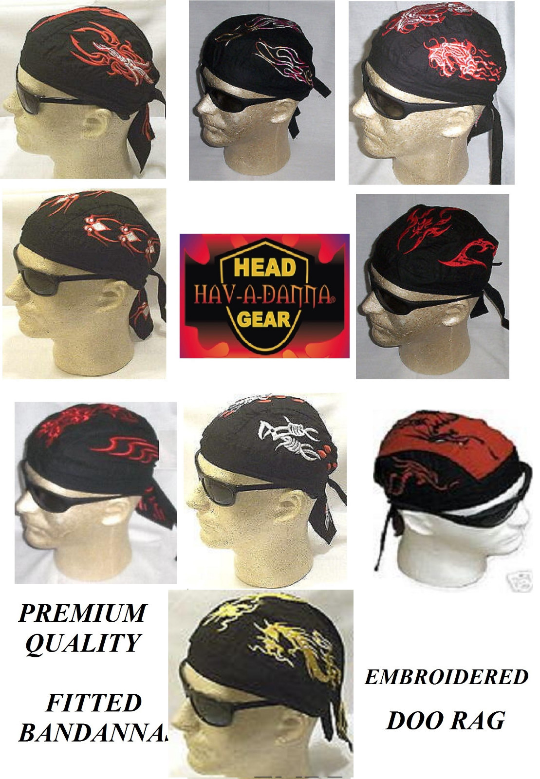 HAV-A-HANK HAV-A-DANNA EMBROIDERED FITTED BANDANA TIES Doo Do Rag Skull ...