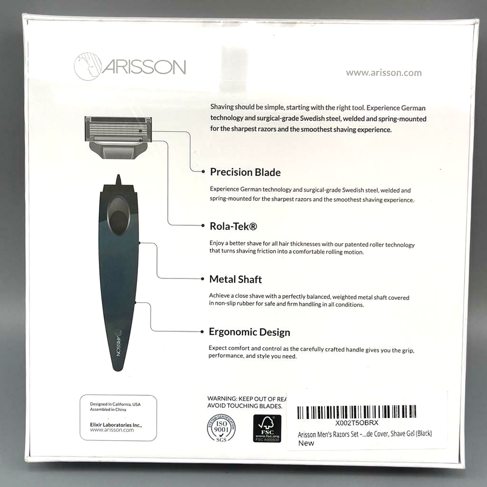 Arisson Men Razor Set – Razor Handle, 4 Blade Refills, Shave Gel (Black ...