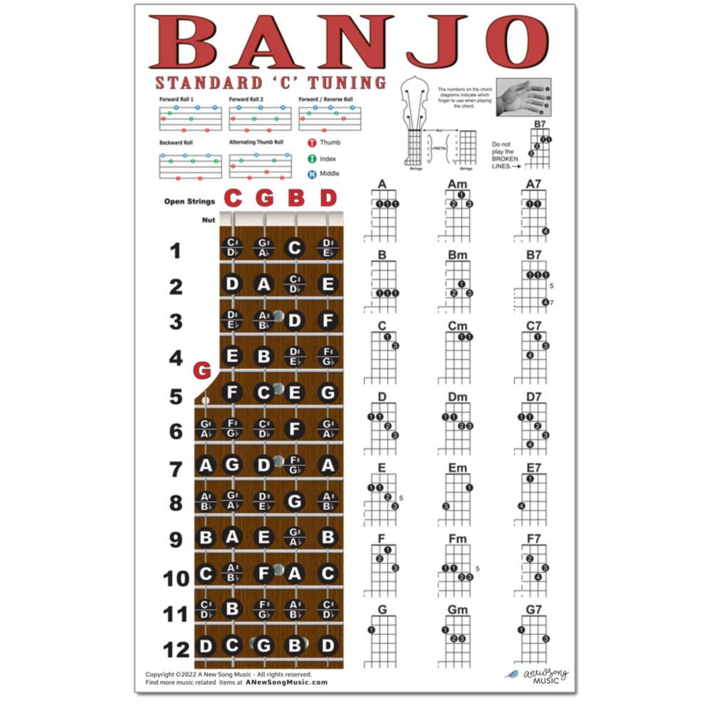 Banjo Chord Wall Chart Poster Fretboard Standard C Tuning 5 String