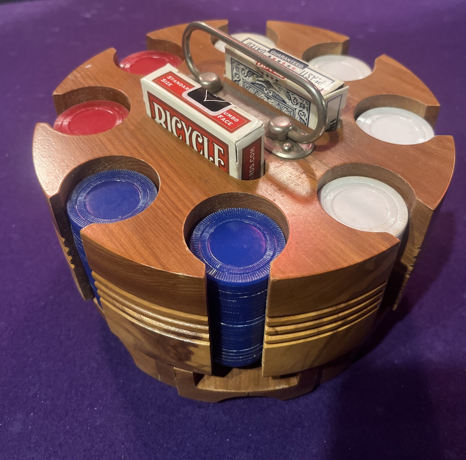 Vintage Wooden Rotating Carousel Poker Chip Dispenser 2 Decks Of Cards ...