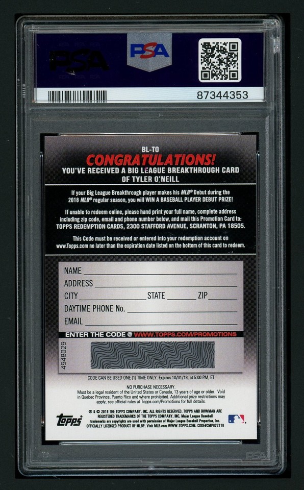 PSA 7 Near Mint 2018 Bowman Tyler O'Neill Big league break through ...