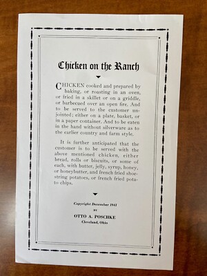 1941 Restaurant Menu insert Cleveland Ohio “Chicken on the Ranch” | eBay
