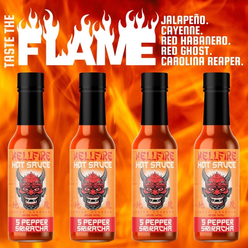 Hellfire 5-Pepper Blend Sriracha Hot Sauce, World's Best, Next Level ...
