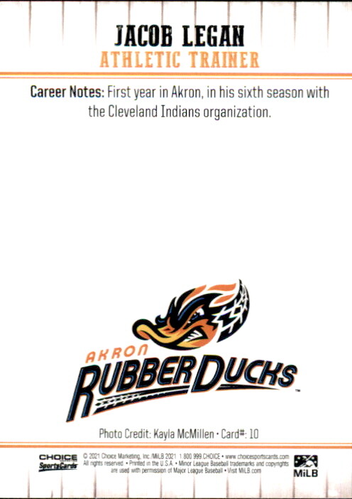 2021 Akron RubberDucks Choice #10 Jacob Legan Trainer - Baseball Card ...