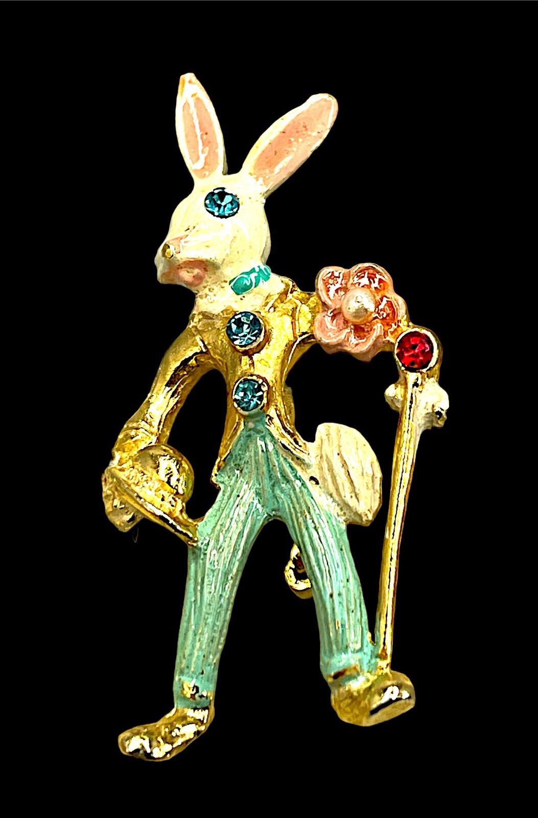 WHIMSICAL VINTAGE PETER RABBIT HAT & CANE GOLD-TONE ENAMEL RHINESTONE ...