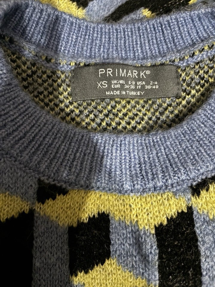 Primark Knitted Geometric Pattern Blue Yellow Jumper XS | eBay UK
