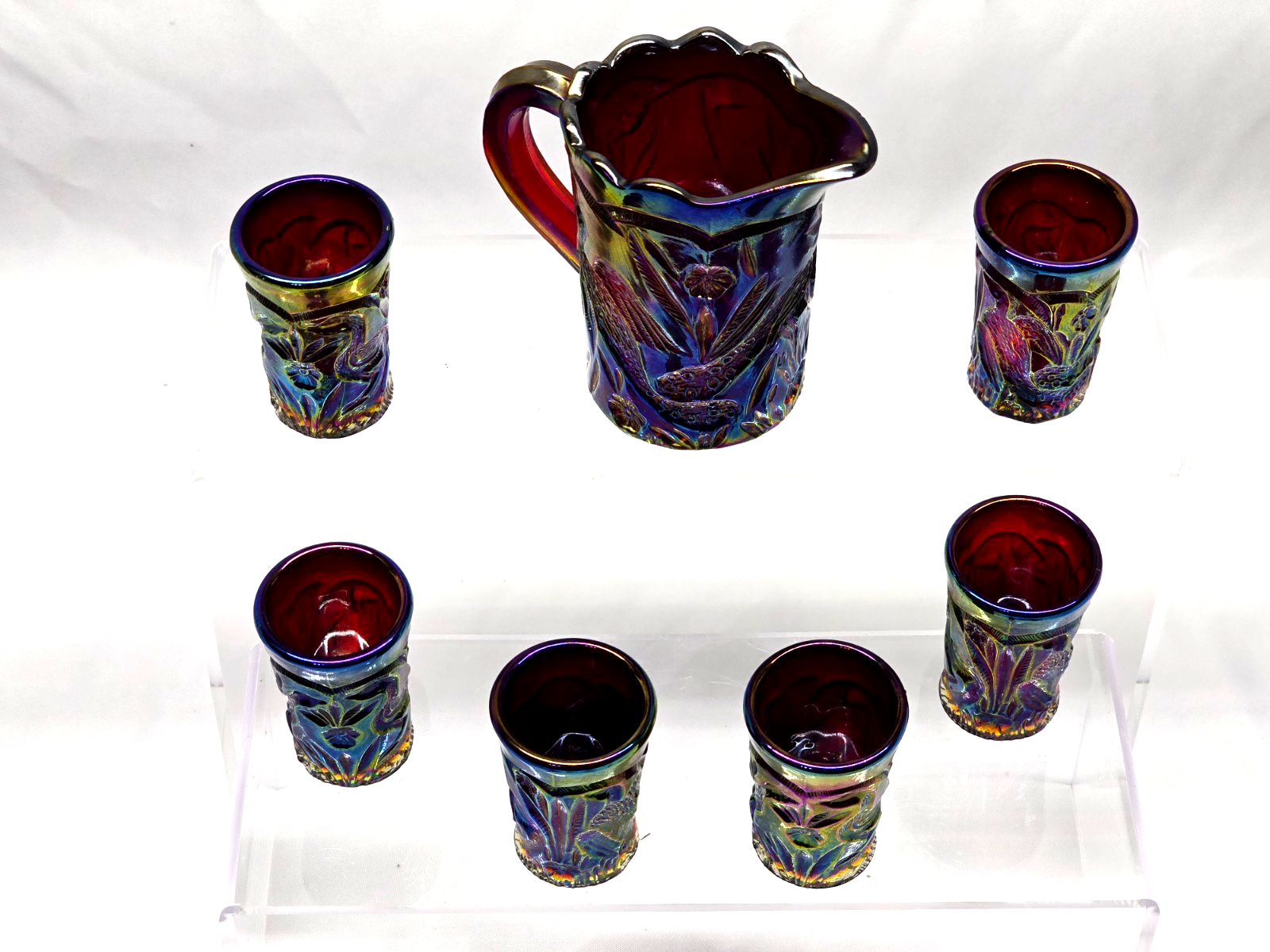 Summit Art Glass Ruby Carnival Stork in Rushes Mini Pitcher & Tumblers ...