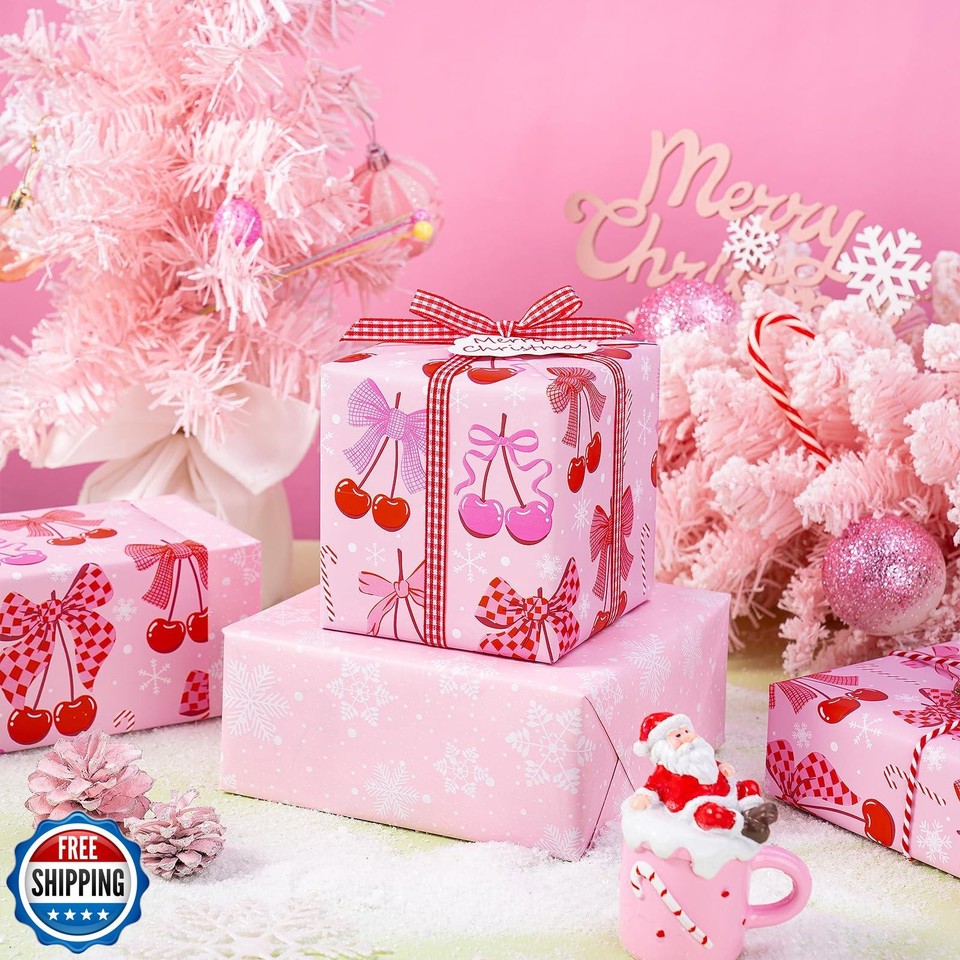 RUSPEPA Reversible Christmas Bow Wrapping Paper Roll, Mini Roll, Pink ...