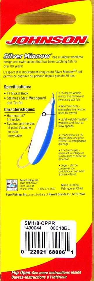 (6) Johnson 1/8 Oz Silver Minnow 1 3/4" Weedless Spoon Copper Brand New ...