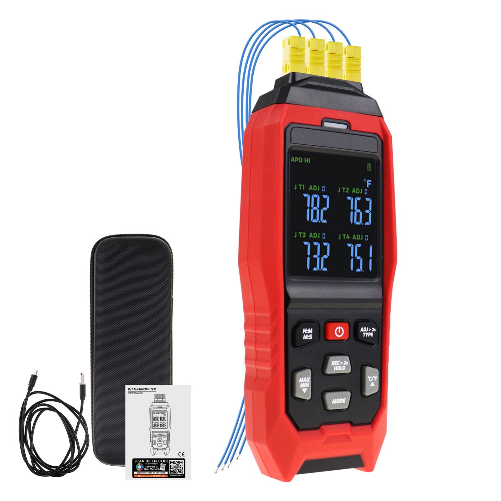 4-Channel Display K/J Datalogger Thermocouple Thermometer Real-Time ...