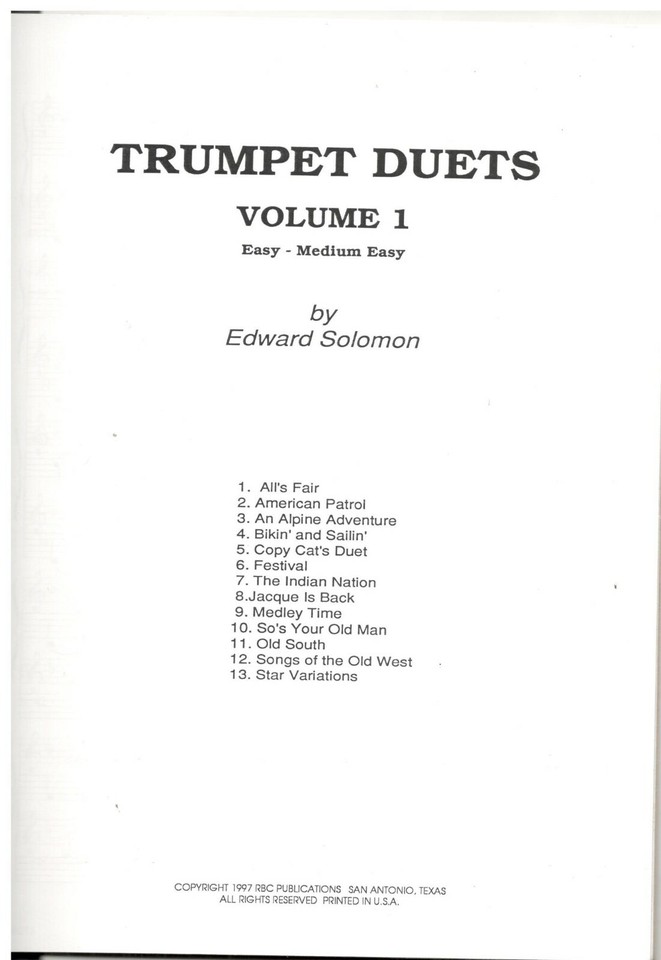 TRUMPET DUETS VOLUME 1 MUSIC BOOK EASY TO MEDIUM EASY SONGBOOK SOLOMON ...