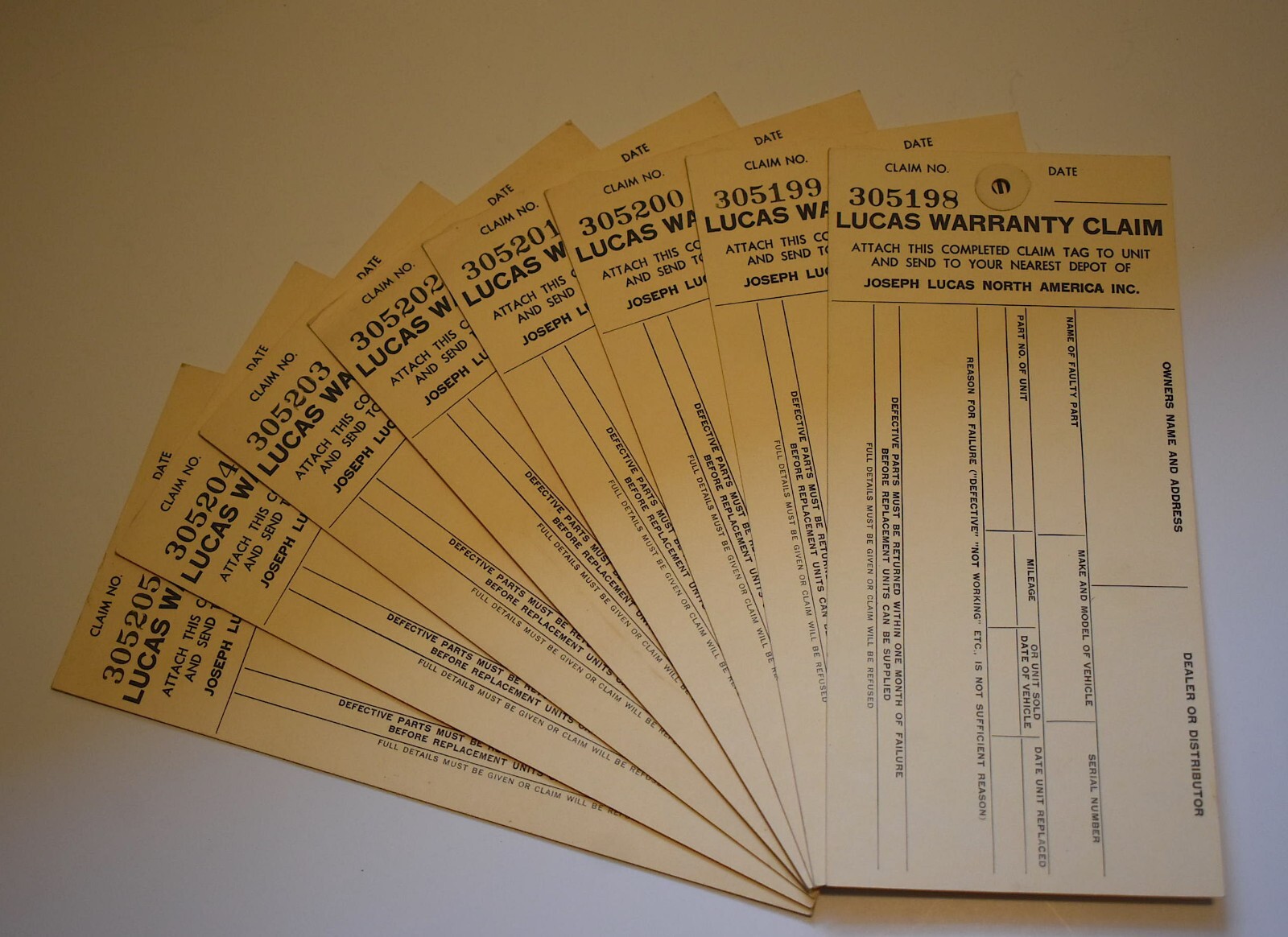 LUCAS NORTH AMERICA WARRANTY CLAIM CARDS | eBay