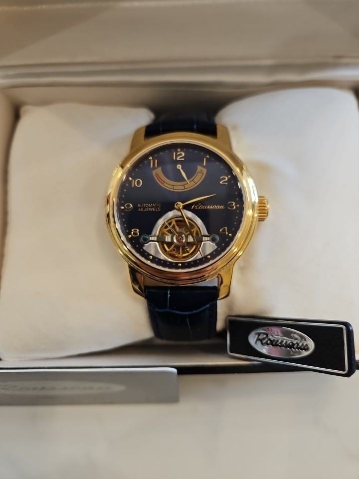 Rousseau Men's Automatic Watch Power Res. Part Skeleton NOS Gold/ Blue ...