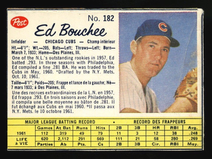 1962 CANADIAN POST CEREAL BASEBALL CARD~#182~ED BOUCHEE~SHORT PRINT SP | eBay