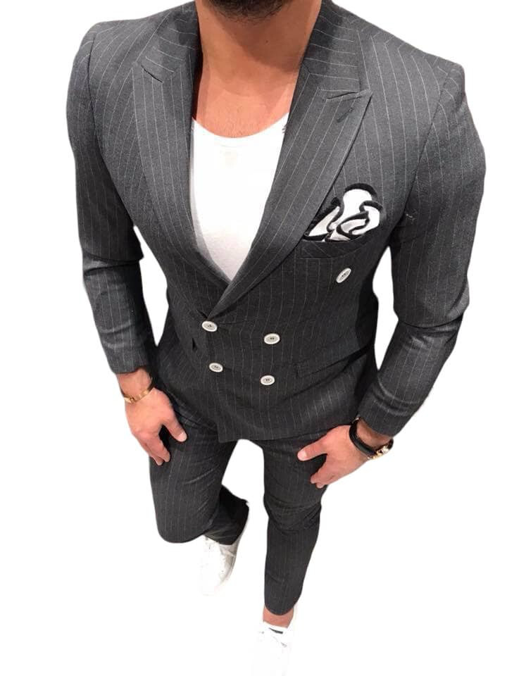 Designer Two Rows of Buttons Suit Gray White Pinstripe Sporty Suit Slim ...