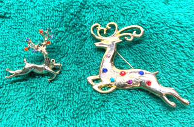 2 Vintage Holiday Rhinestone Reindeer Brooch Pin Gold Tone Metal ...